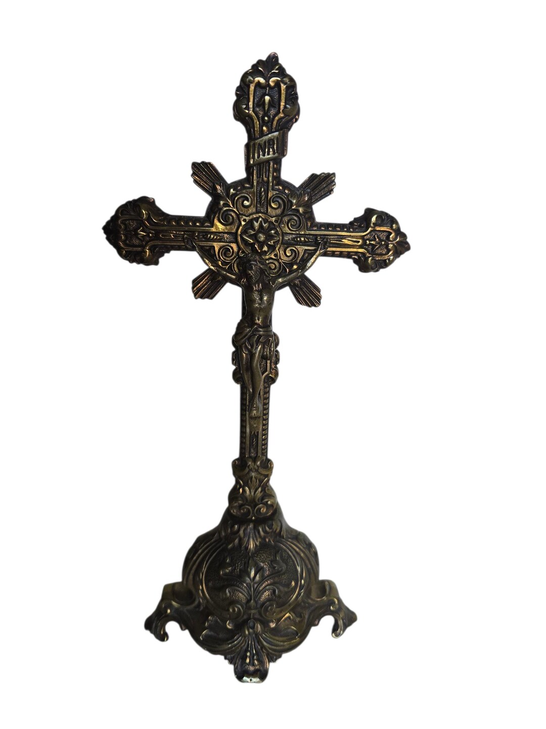 Antique French Brass Crucifix – Ornate Standing Cross With INRI ...