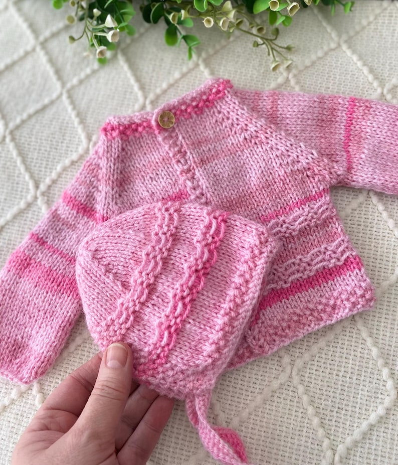 Hand Knitted Newborn Cardigan Bonnet Set | Soft Pink Acrylic Baby Gift ...