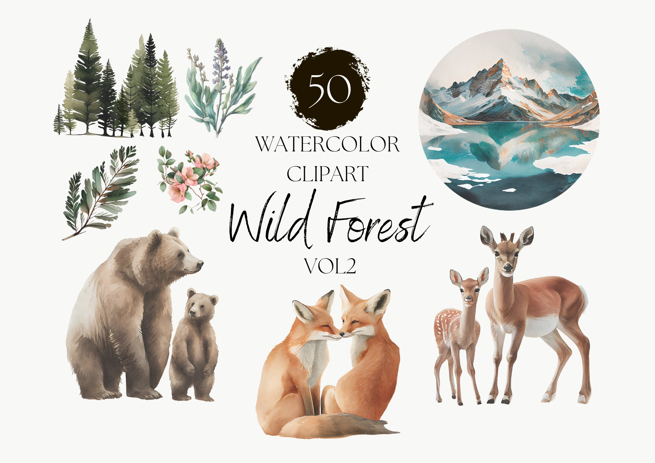 50 Watercolor Wild Forest Digital Clipart Vol 2 - Mountain Lake, Deer ...