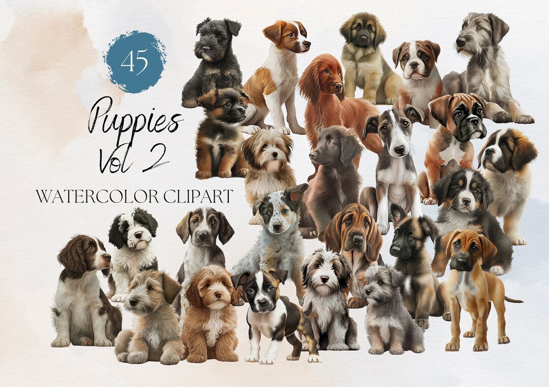 45 Puppies Clipart Set - Hand Drawn - Small Medium Large Dog Breed ...