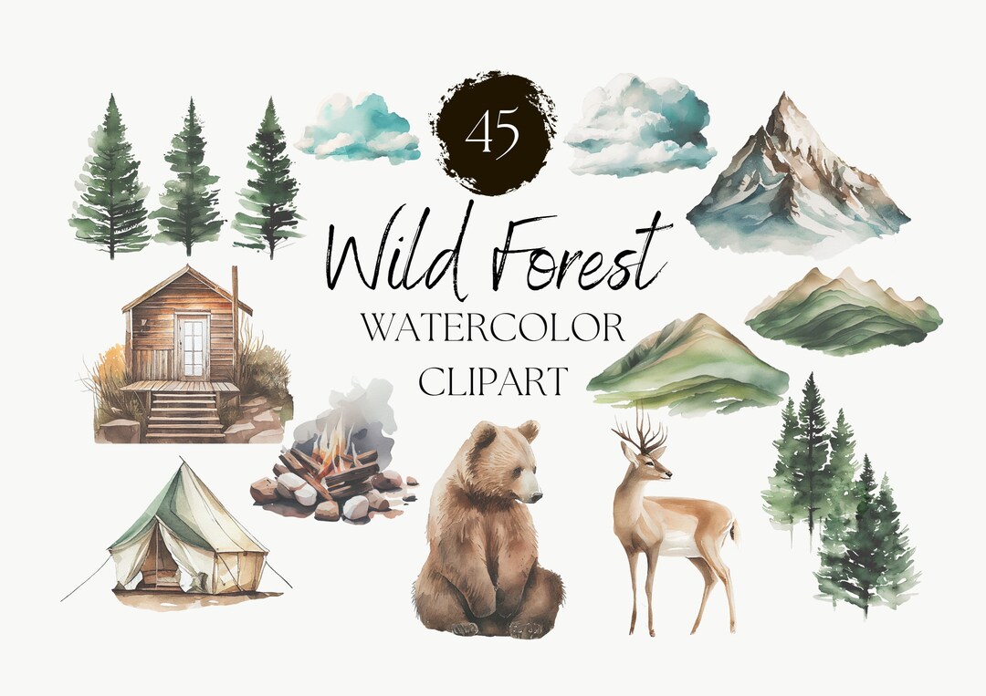 45 Watercolor Wild Forest Digital Clipart Set - Enchanted Mountains ...