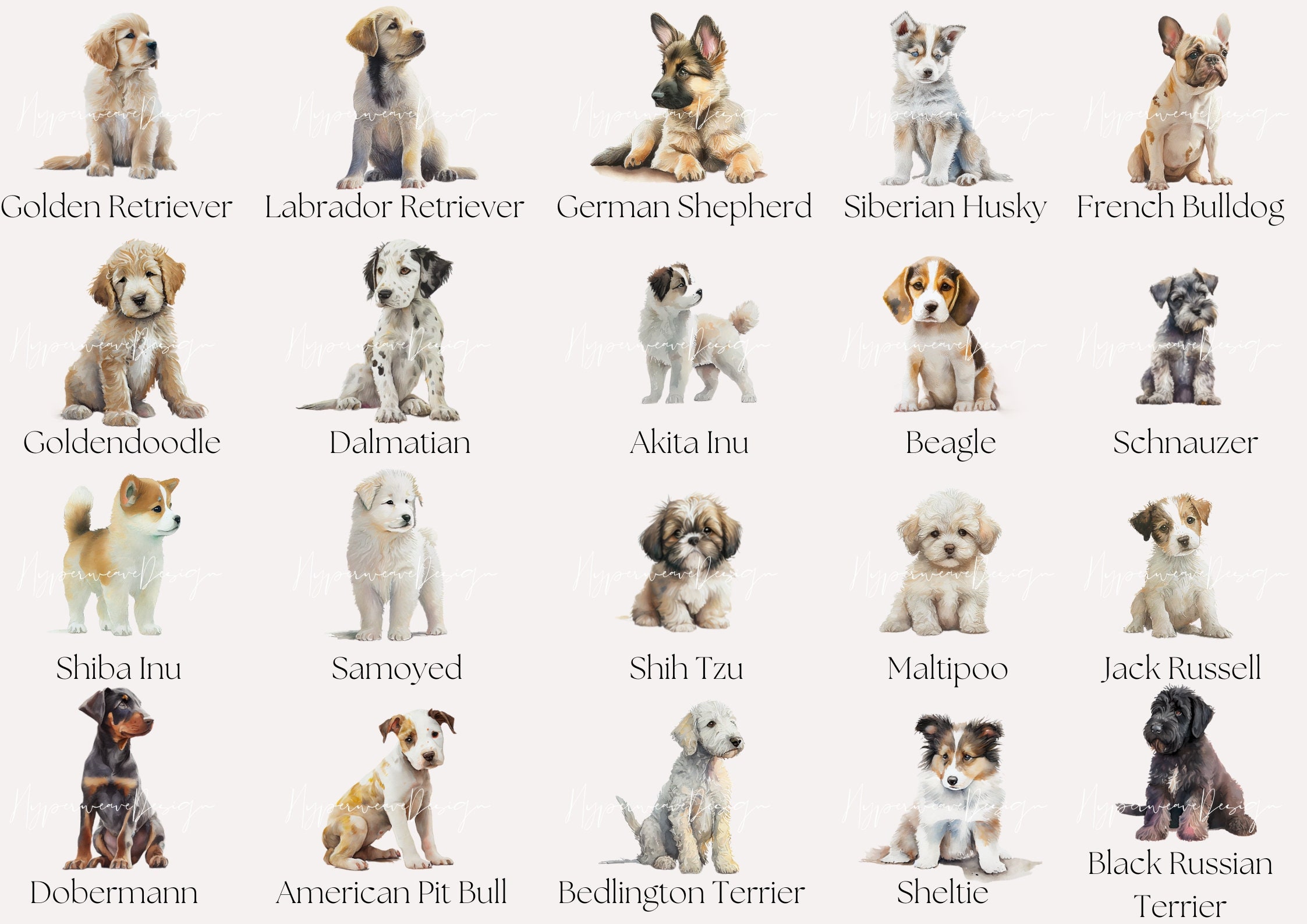 43 Puppies Clipart Set - Hand Drawn - Small Medium & Large Dog Breeds ...