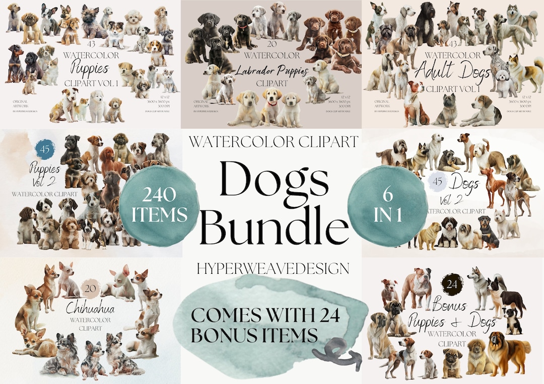 240 Puppies & Dogs Clipart Bundle - Hand Drawn - Small Medium Large ...