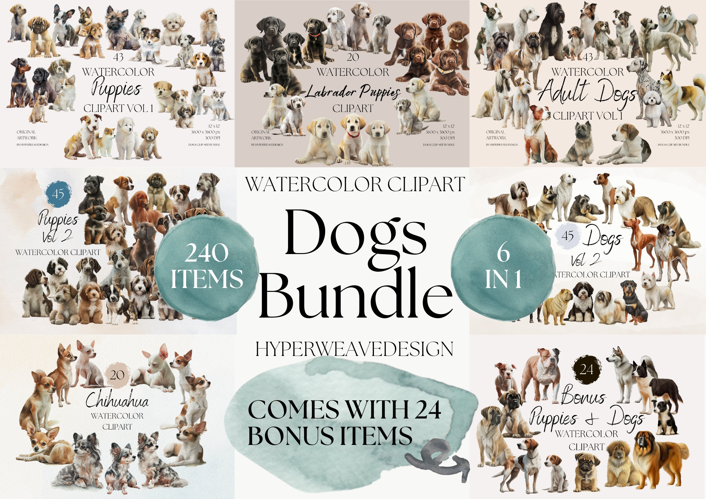 240 Puppies & Dogs Clipart Bundle - Hand Drawn - Small Medium Large ...