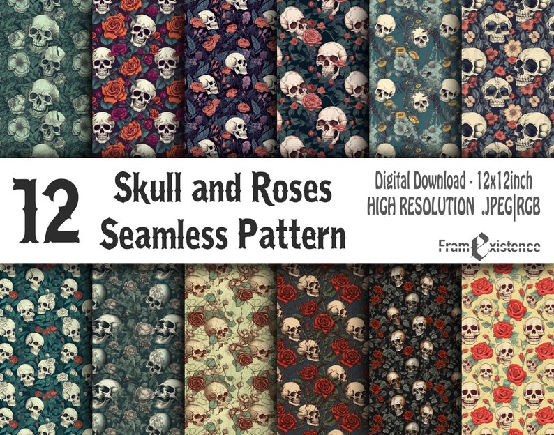 Skull & Roses Seamless Pattern Bundle: Fabric Printing, Digital Paper ...