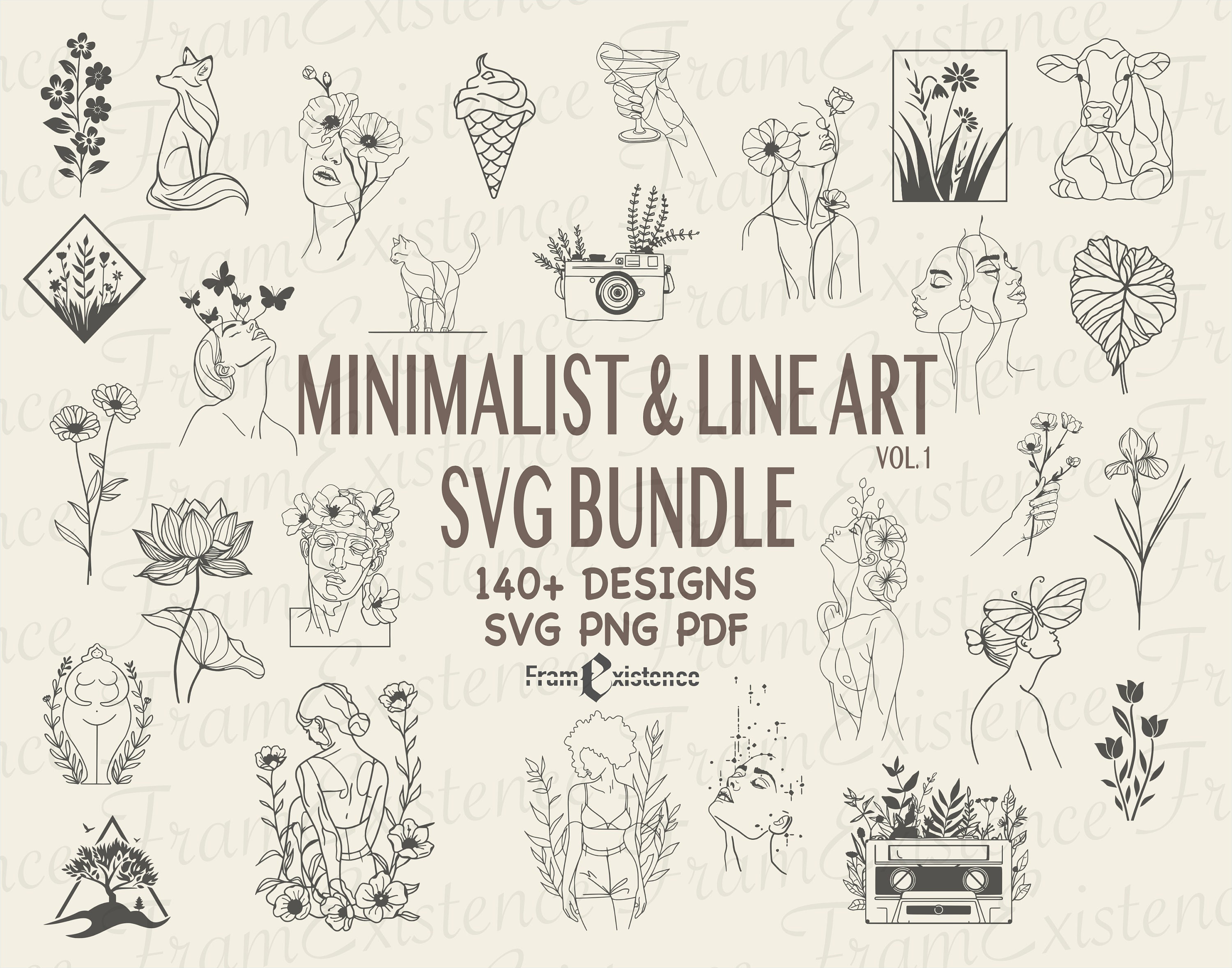 Minimalist Line Art SVG Bundle: Boho Floral Designs - (PNG, SVG Files ...