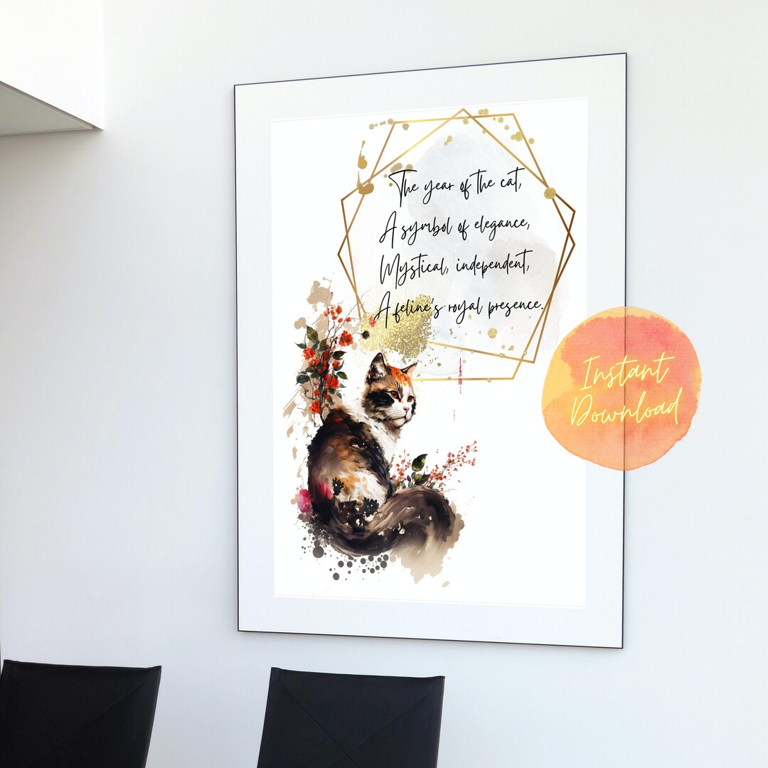 Year of the Cat Art, Modern Wall Art, Lucky Cat Printable Design, Lunar ...