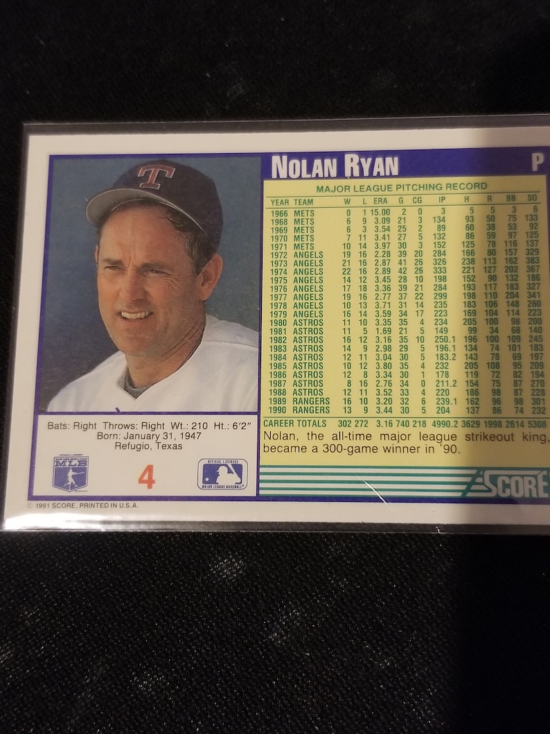 Nolan Ryan 1991 Score Card #4 Mint Perfect Condition - Etsy