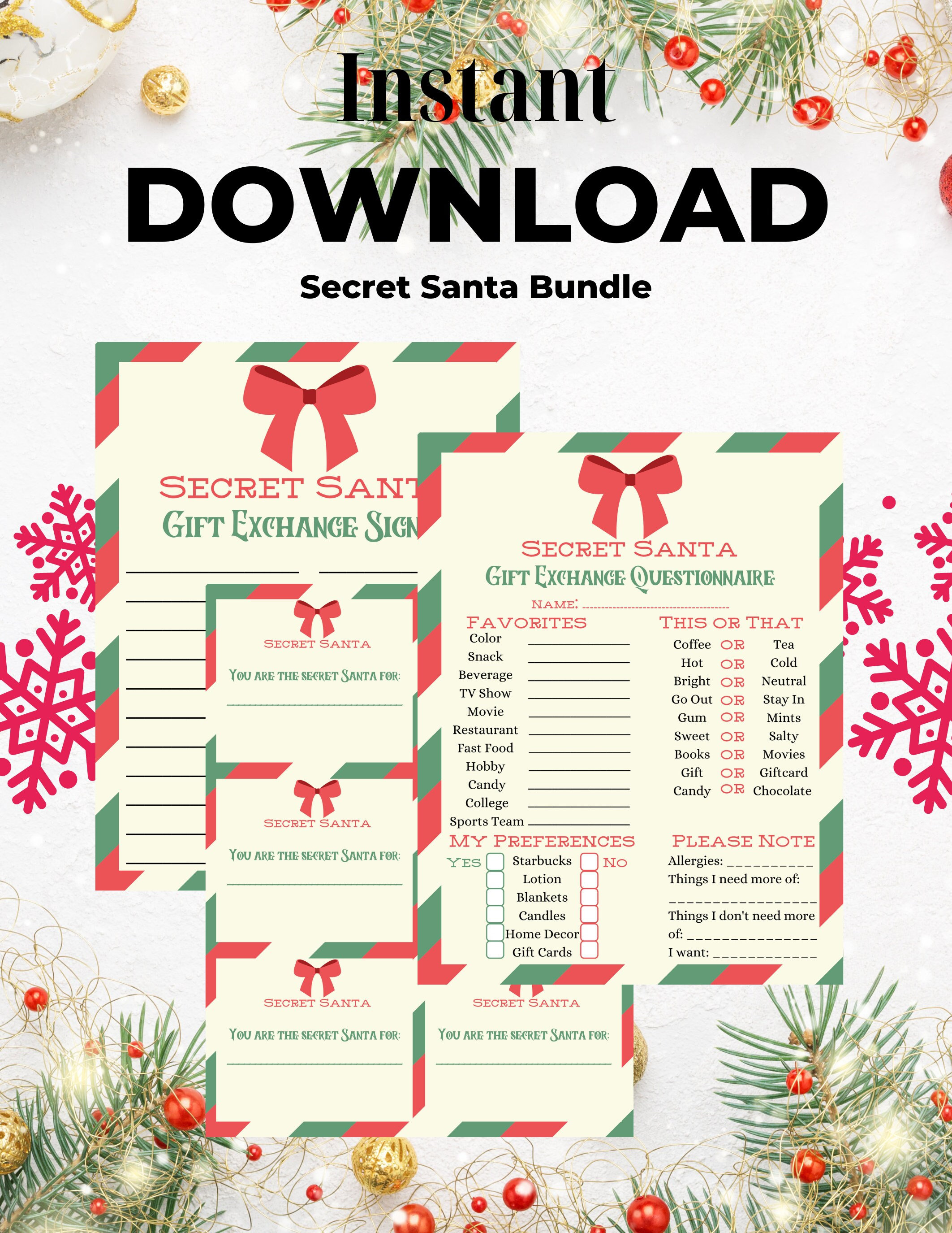 Secret Santa Gift Exchange Bundle, Printable Secret Santa, Office Gift ...