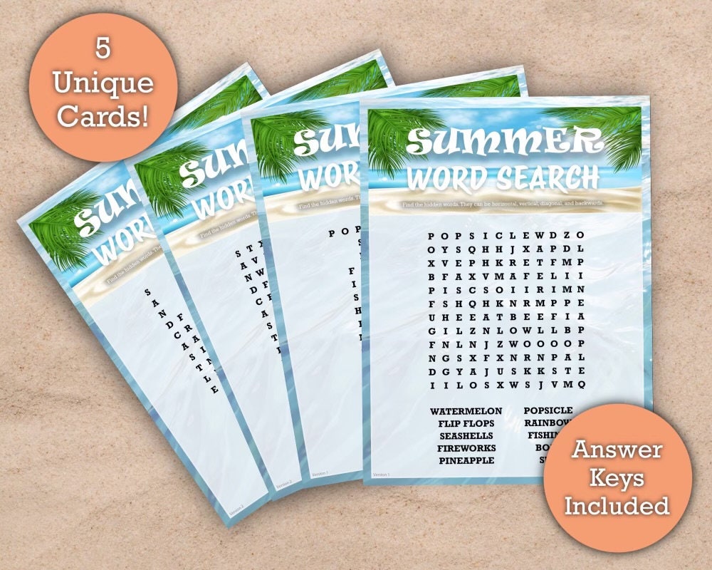 Summer Word Search (EASY) - Printable Download - 5 Unique Word Search ...
