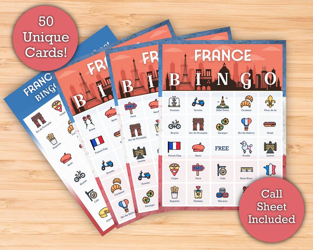 France Bingo - Printable Download - 50 Unique Bingo Cards - Perfect ...