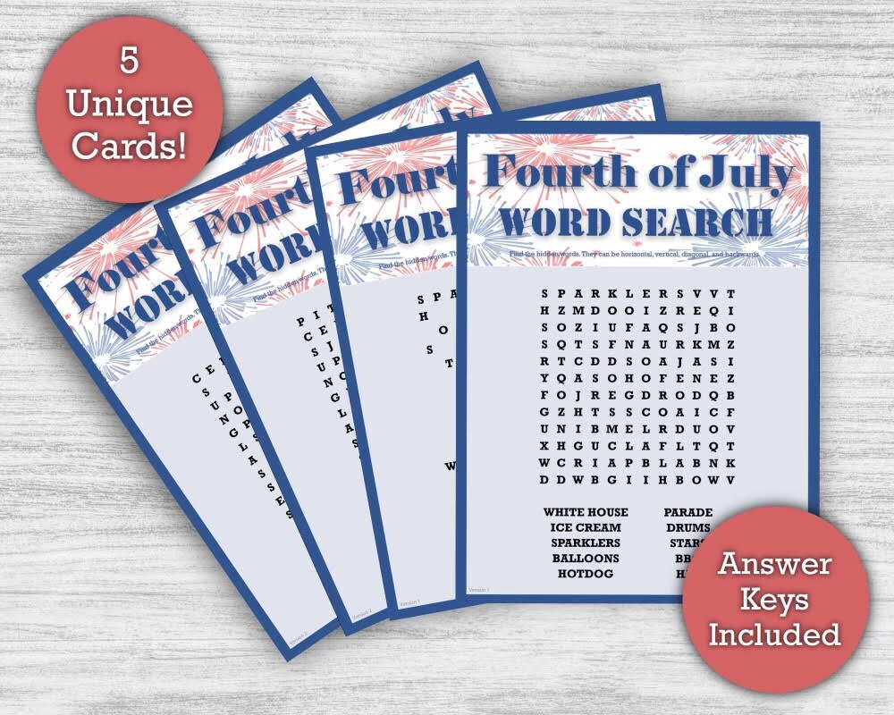 Fourth of July Word Search (EASY) - Printable Download - 5 Unique Word ...