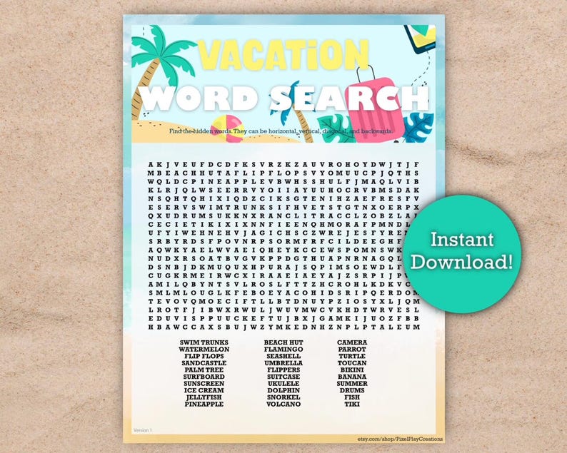 Vacation Word Search (ADVANCED) - Printable Download - 5 Unique Word ...