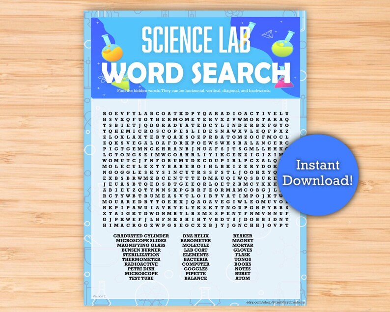 Science Lab Word Search (ADVANCED) - Printable Download - 5 Unique Word ...