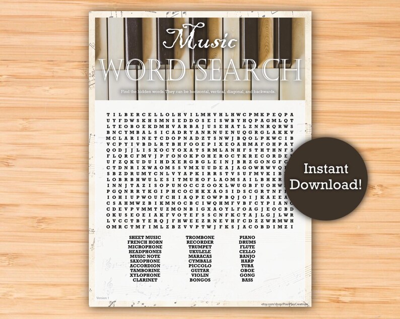 Music Word Search (ADVANCED) - Printable Download - 5 Unique Word ...
