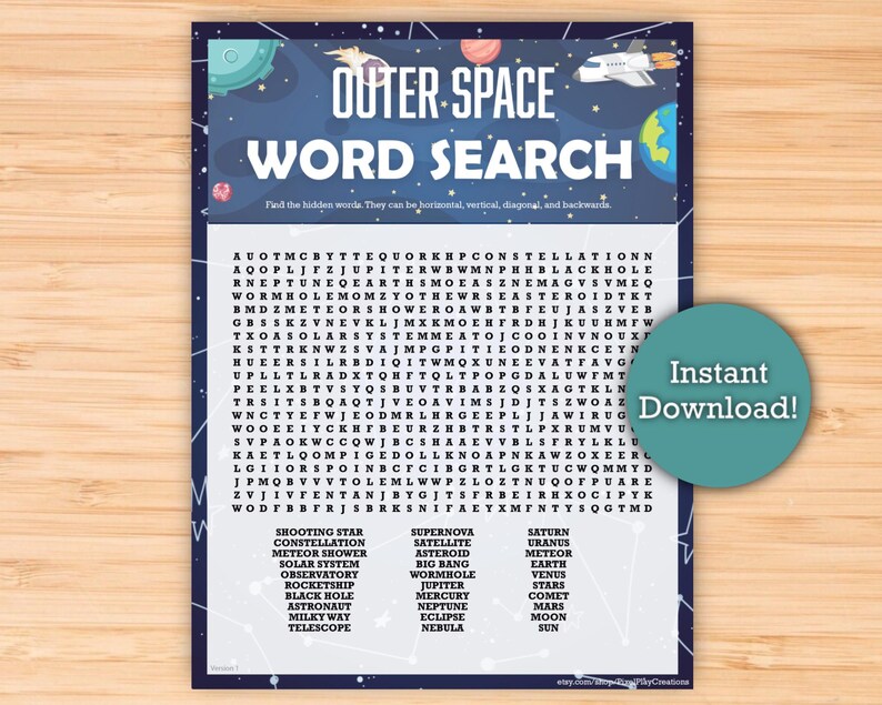 Outer Space Word Search (ADVANCED) - Printable Download - 5 Unique Word ...