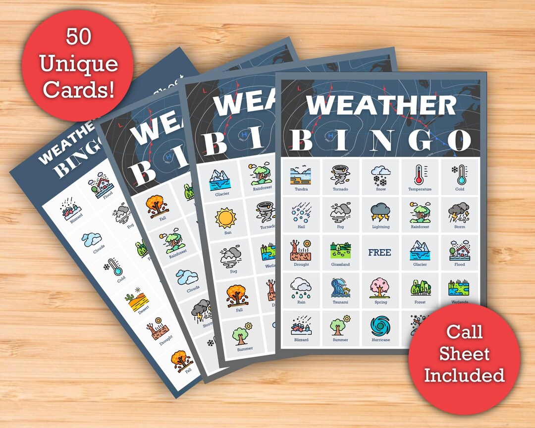 Weather Bingo - Printable Download - 50 Unique Bingo Cards - Perfect ...