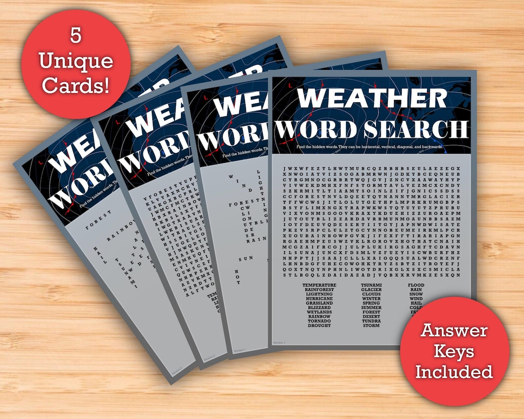 Weather Word Search (ADVANCED) - Printable Download - 5 Unique Word ...