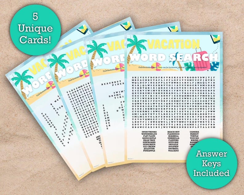 Vacation Word Search (ADVANCED) - Printable Download - 5 Unique Word ...