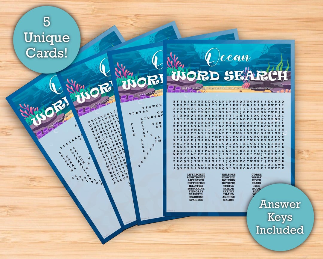 Ocean Word Search (ADVANCED) - Printable Download - 5 Unique Word ...