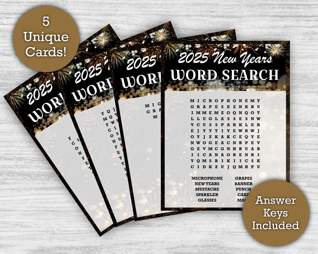 2025 New Years Word Search (EASY) - Printable Download - 5 Unique Word ...