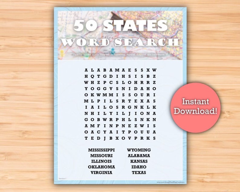 50 States Word Search (EASY) - Printable Download - 5 Unique Word ...