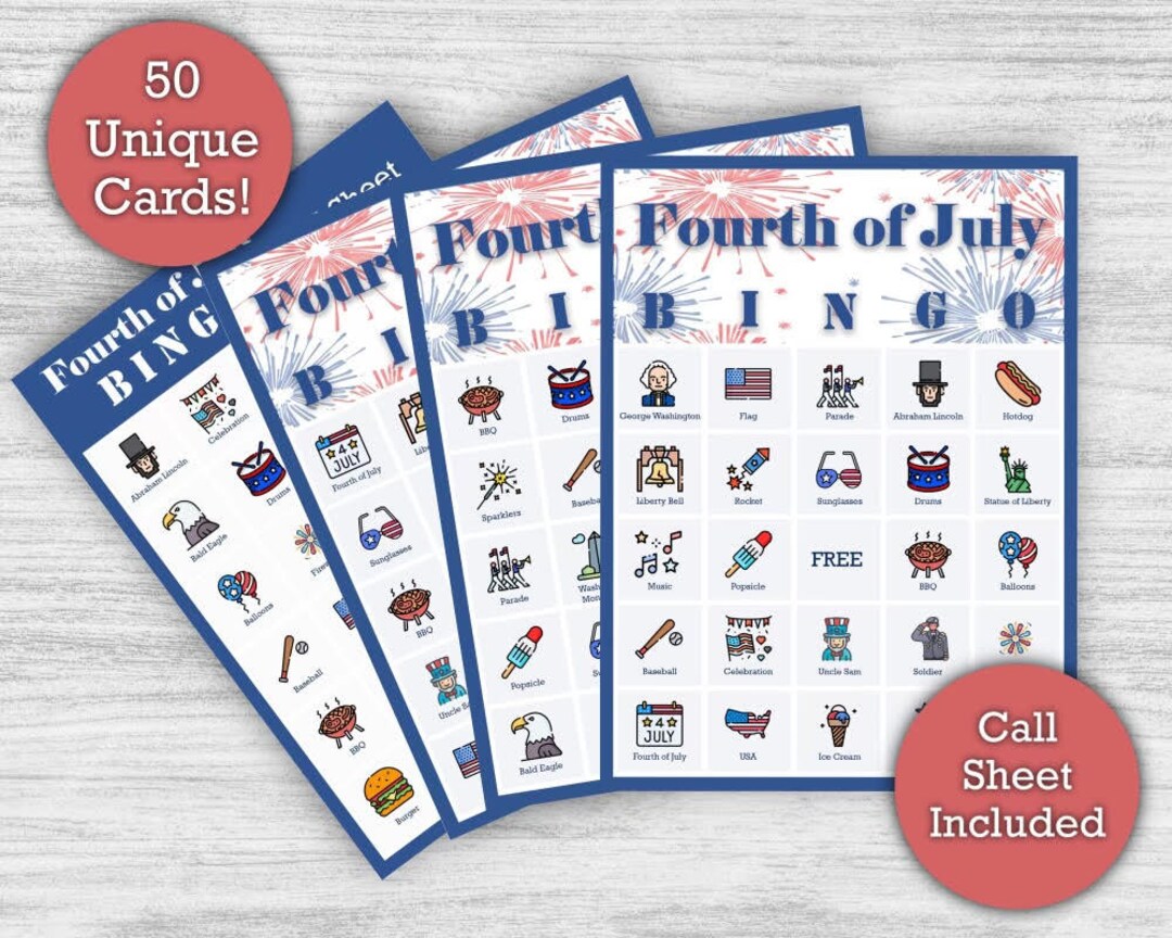 Fourth of July Bingo - Printable Download - 50 Unique Bingo Cards ...