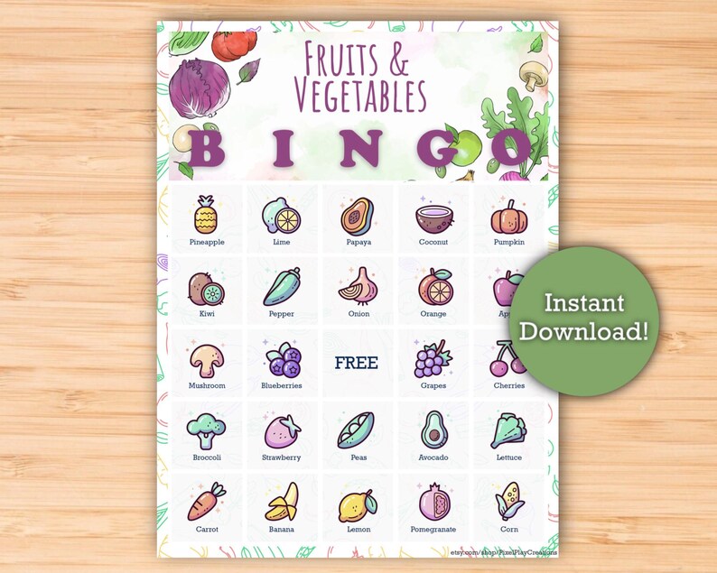 Fruits & Vegetables Bingo - Printable Download - 50 Unique Bingo Cards ...