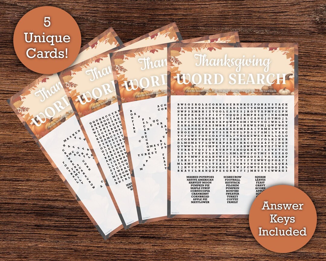 Thanksgiving Word Search (ADVANCED) - Printable Download - 5 Unique ...