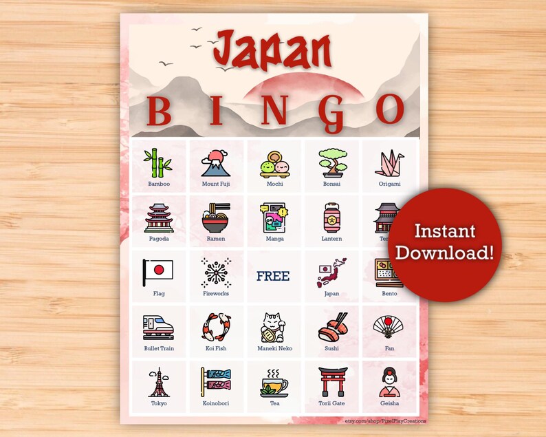 Japan Bingo - Printable Download - 50 Unique Bingo Cards - Perfect ...