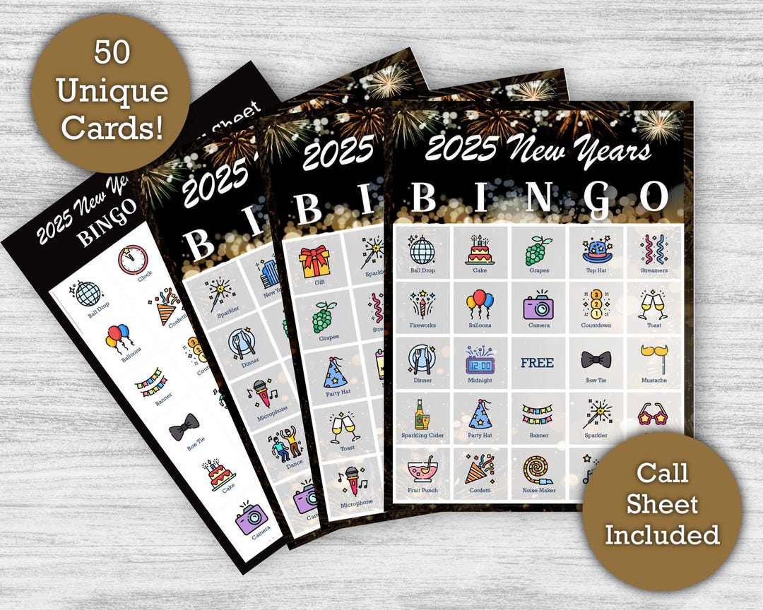 2025 New Years Bingo - Printable Download - 50 Unique Bingo Cards ...