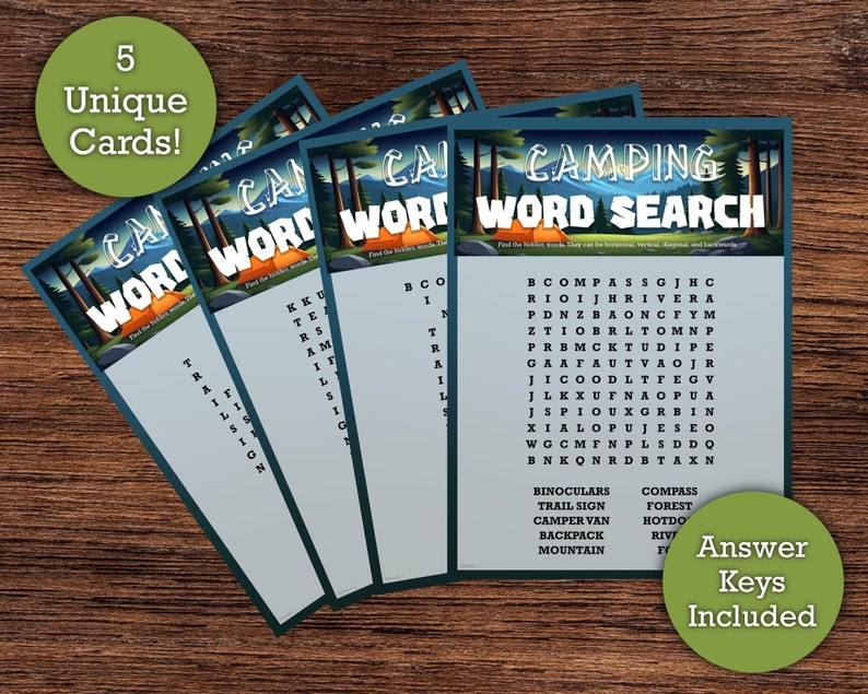 Camping Word Search EASY Printable Download 5 Unique Word Search Cards ...