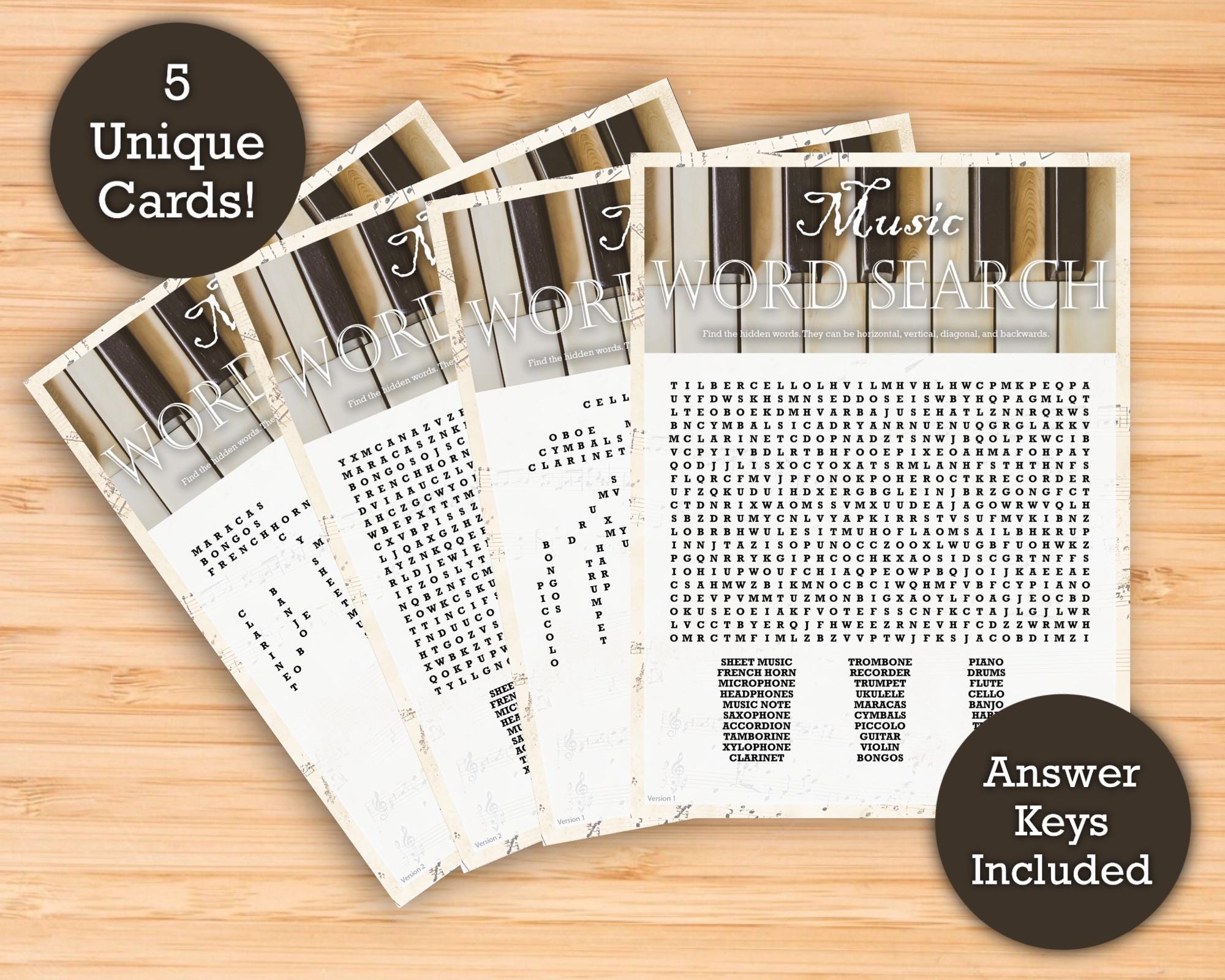 Music Word Search (ADVANCED) - Printable Download - 5 Unique Word ...