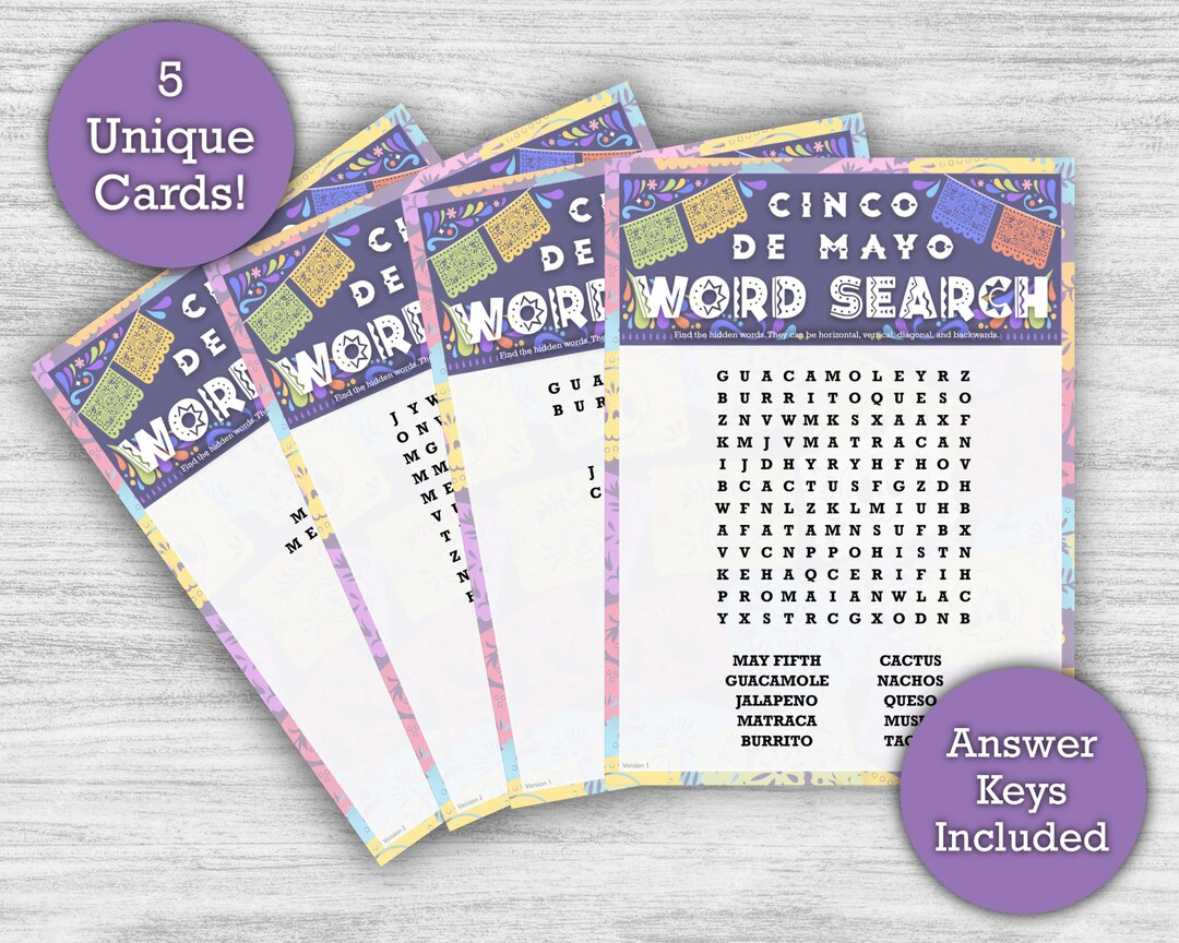 Cinco De Mayo Word Search (EASY) - Printable Download - 5 Unique Word ...