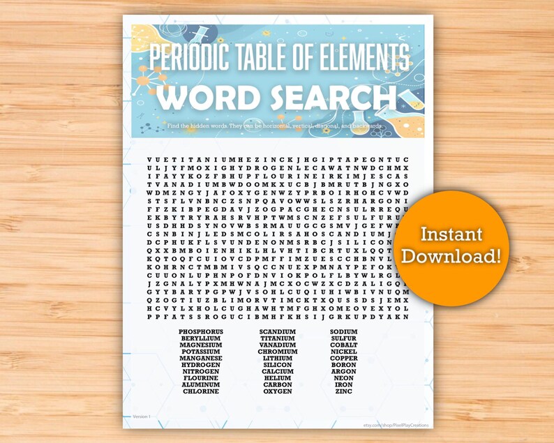 Periodic Table of Elements Word Search (ADVANCED) - Printable Download ...