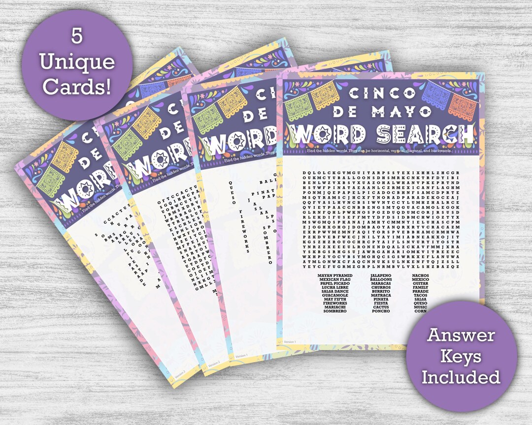 Cinco De Mayo Word Search (ADVANCED) - Printable Download - 5 Unique ...