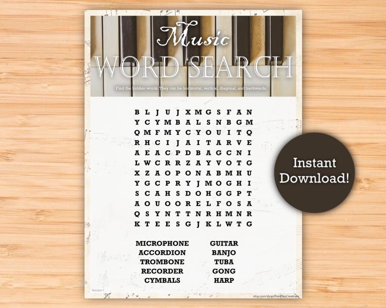 Music Word Search (EASY) - Printable Download - 5 Unique Word Search ...