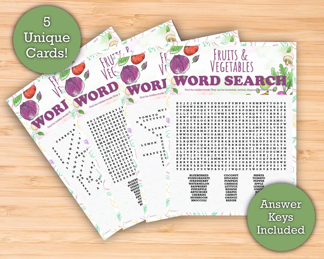Fruits & Vegetables Word Search (ADVANCED) - Printable Download - 5 ...