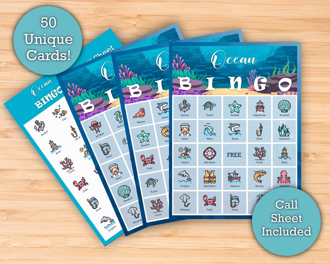 Ocean Bingo - Printable Download - 50 Unique Bingo Cards - Perfect ...