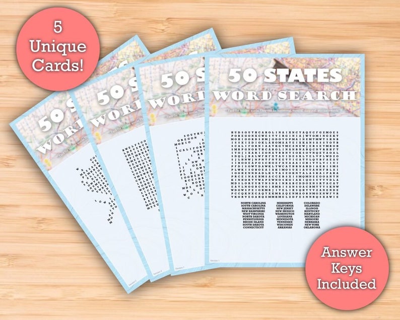 50 States Word Search (ADVANCED) - Printable Download - 5 Unique Word ...