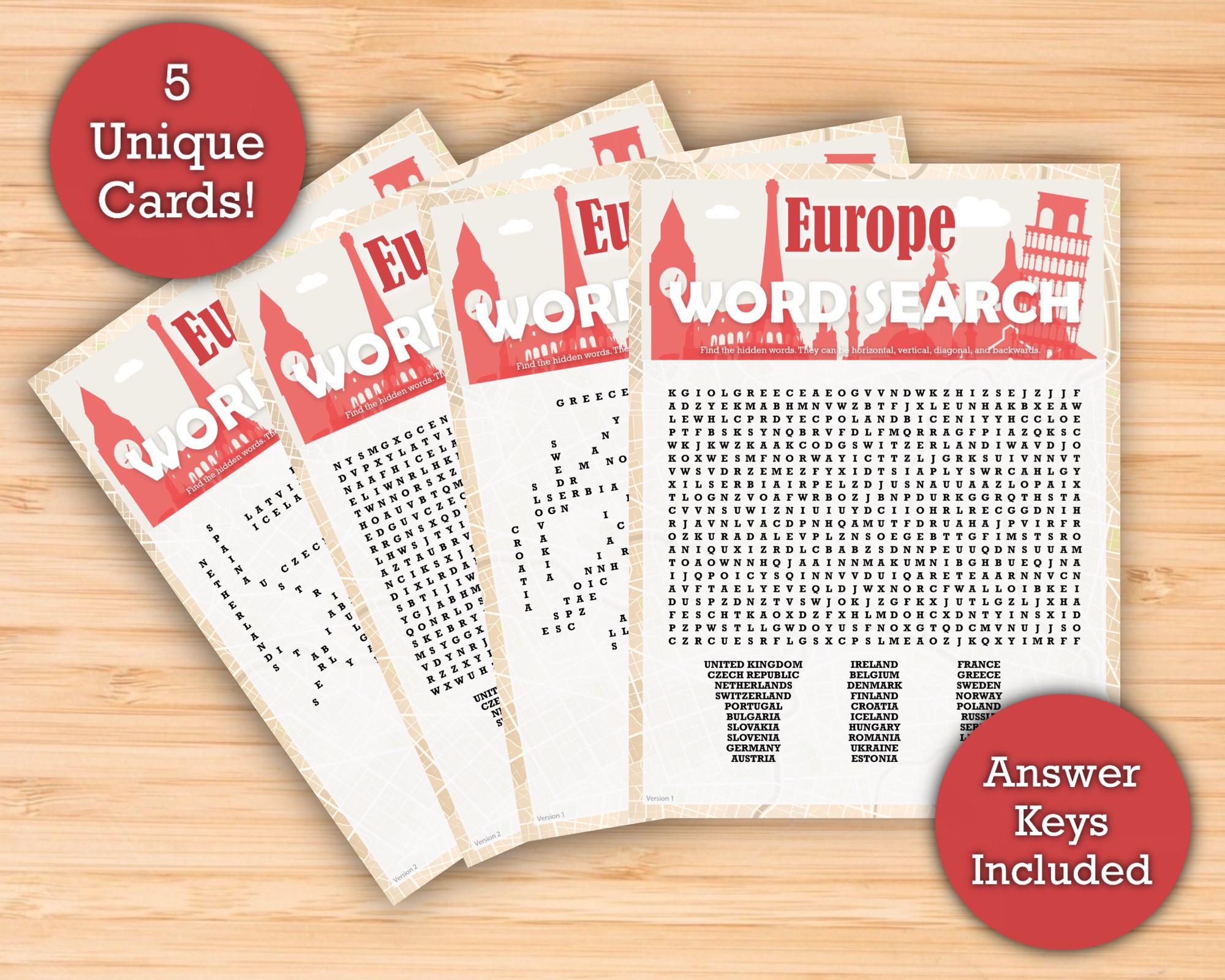 Europe Word Search (ADVANCED) - Printable Download - 5 Unique Word ...