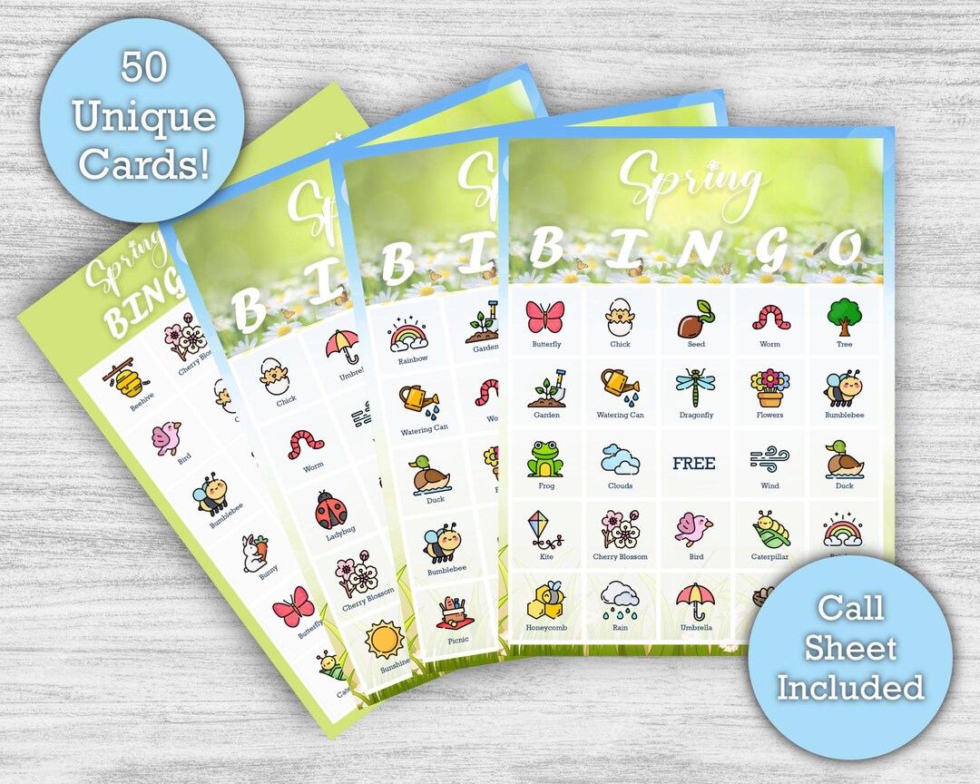 Spring Bingo - Printable Digital Download - 50 Unique Bingo Cards ...