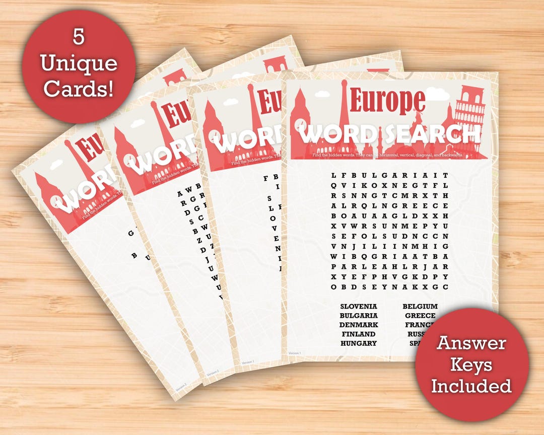 Europe Word Search (EASY) - Printable Download - 5 Unique Word Search ...