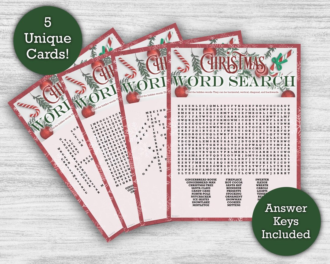 Christmas Word Search (ADVANCED) - Printable Download - 5 Unique Word ...