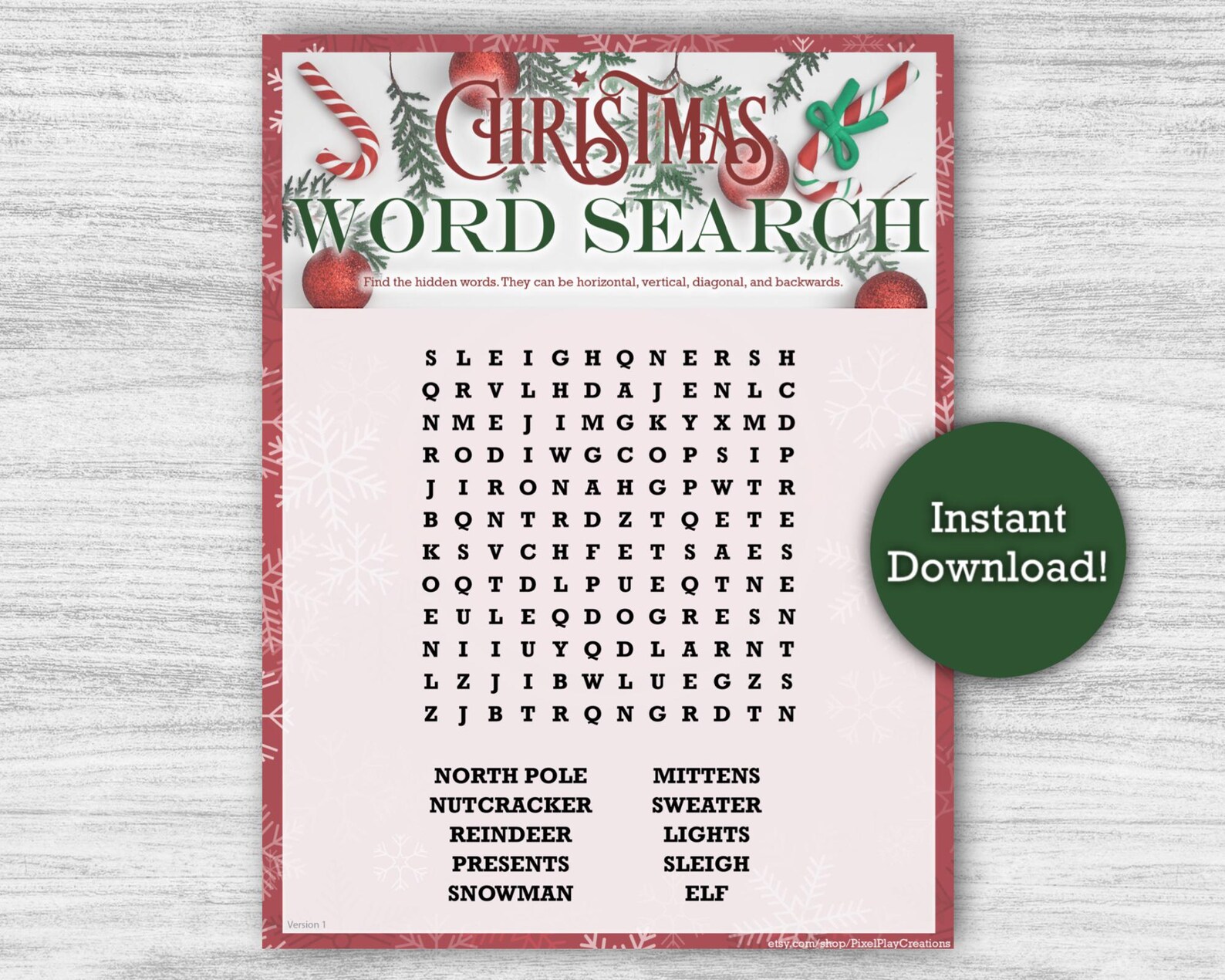 Christmas Word Search (EASY) - Printable Download - 5 Unique Word ...