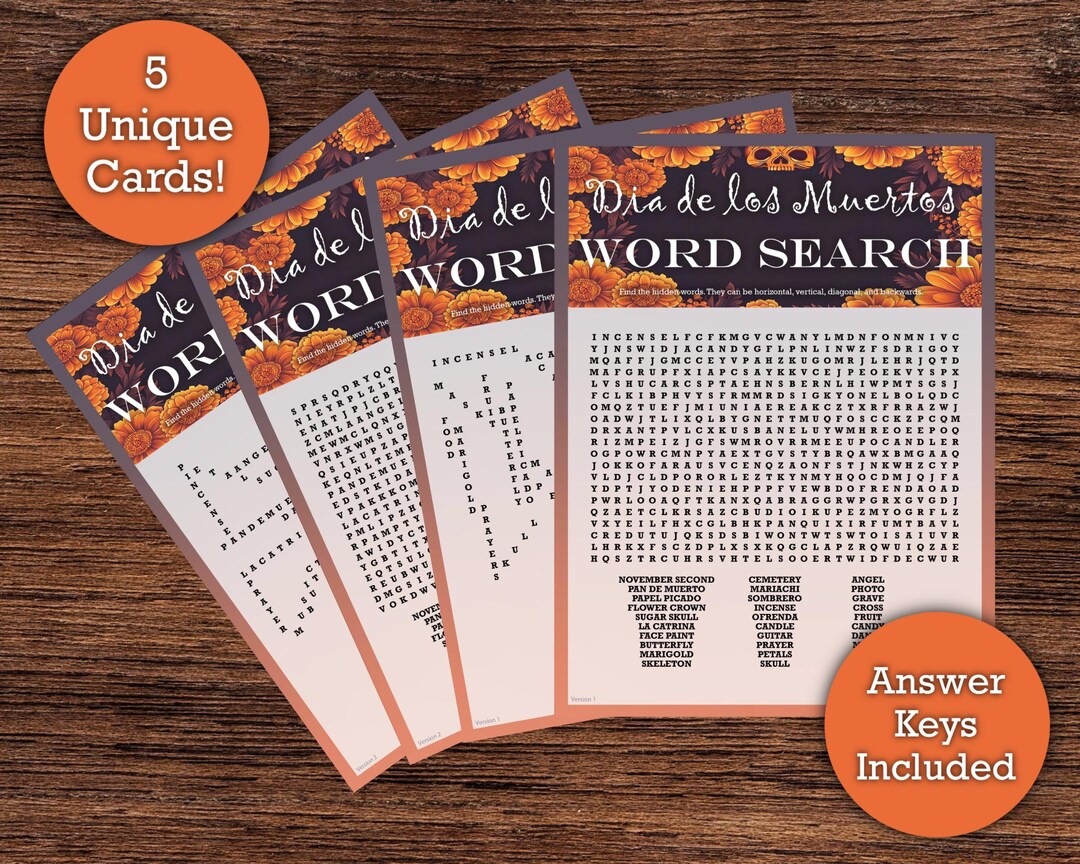 Day of the Dead Word Search (ADVANCED) - Printable Download - 5 Unique ...
