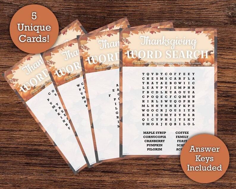 Thanksgiving Word Search (EASY) - Printable Download - 5 Unique Word ...