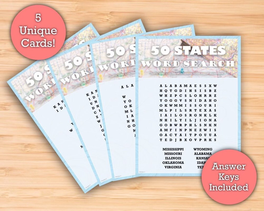 50 States Word Search (EASY) - Printable Download - 5 Unique Word ...