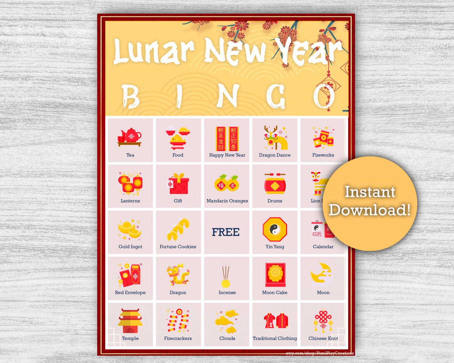 Lunar New Year Bingo - Printable Download - 50 Unique Bingo Cards ...