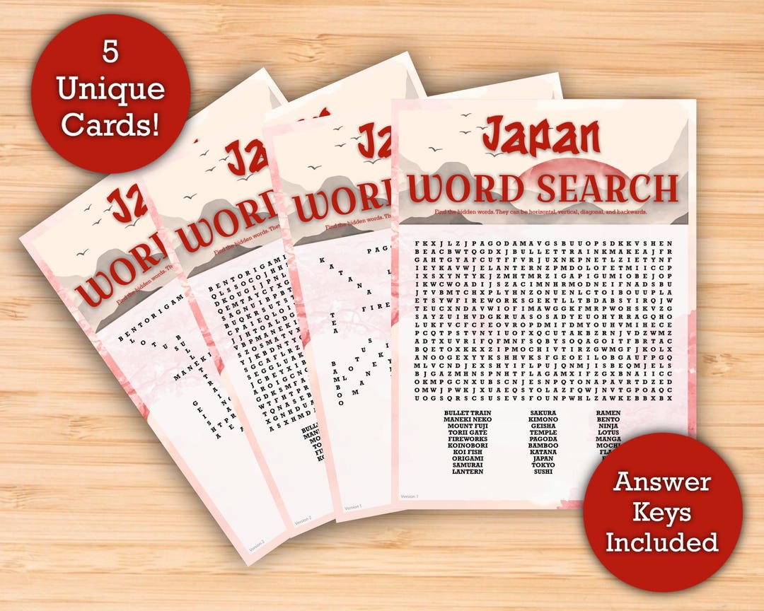 Japan Word Search (ADVANCED) - Printable Download - 5 Unique Word ...